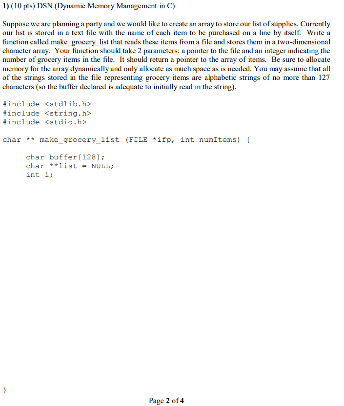 Solved 1) (10 pts) DSN (Dynamic Memory Management in C) | Chegg.com