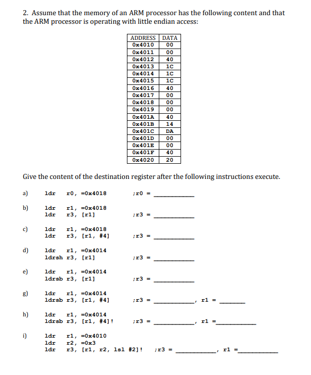 Solved 2. Assume that the memory of an ARM processor has the | Chegg.com
