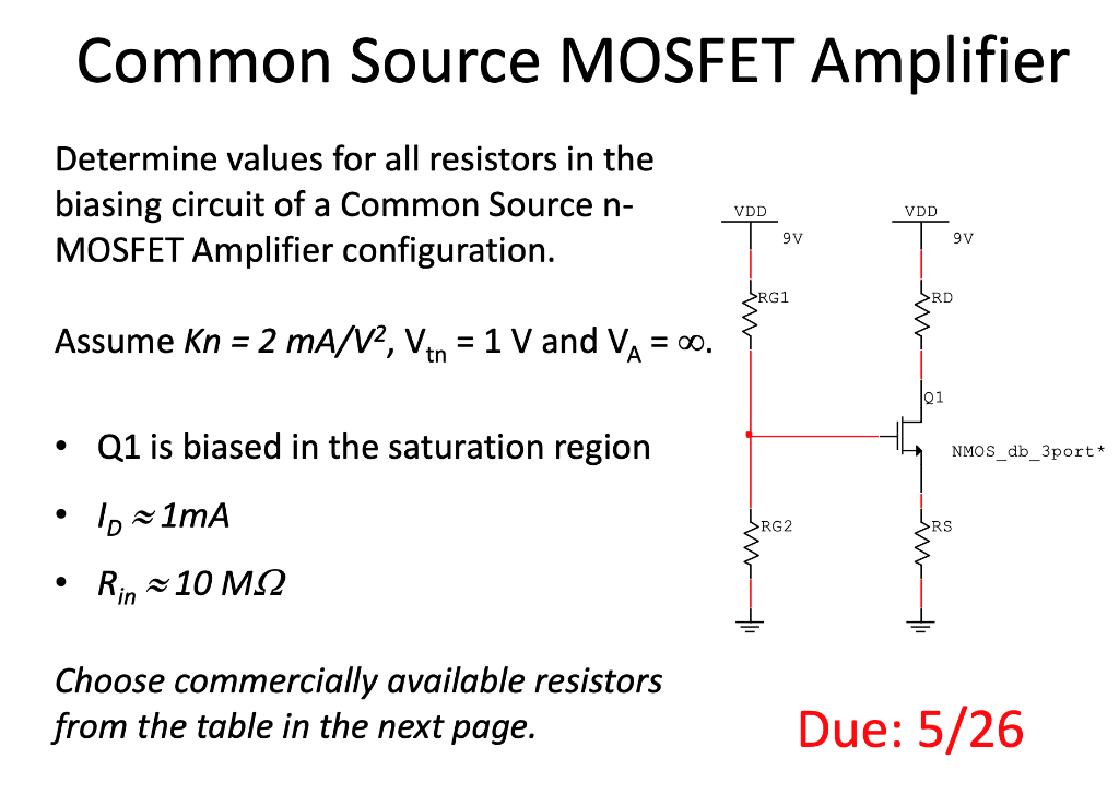 Solved Common Source MOSFET Amplifier Determine values for | Chegg.com