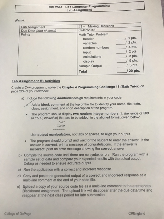 Solved CIS 2541: C++ Language Programming Lab Assignment | Chegg.com
