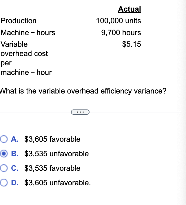 What is the variable overhead efficiency variance? A. | Chegg.com