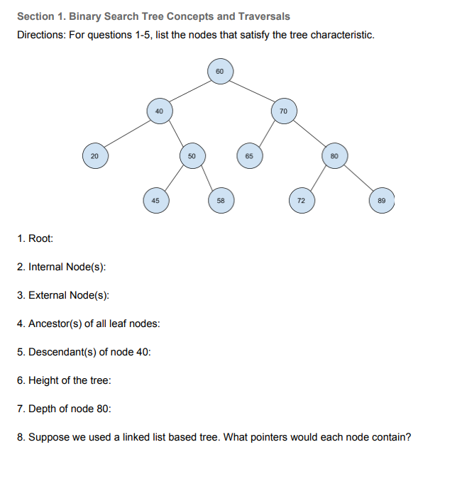Solved Section 1. Binary Search Tree Concepts and Traversals | Chegg.com