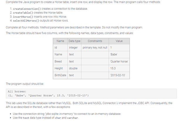 Solved Complete the Java program to create a Horse table, | Chegg.com