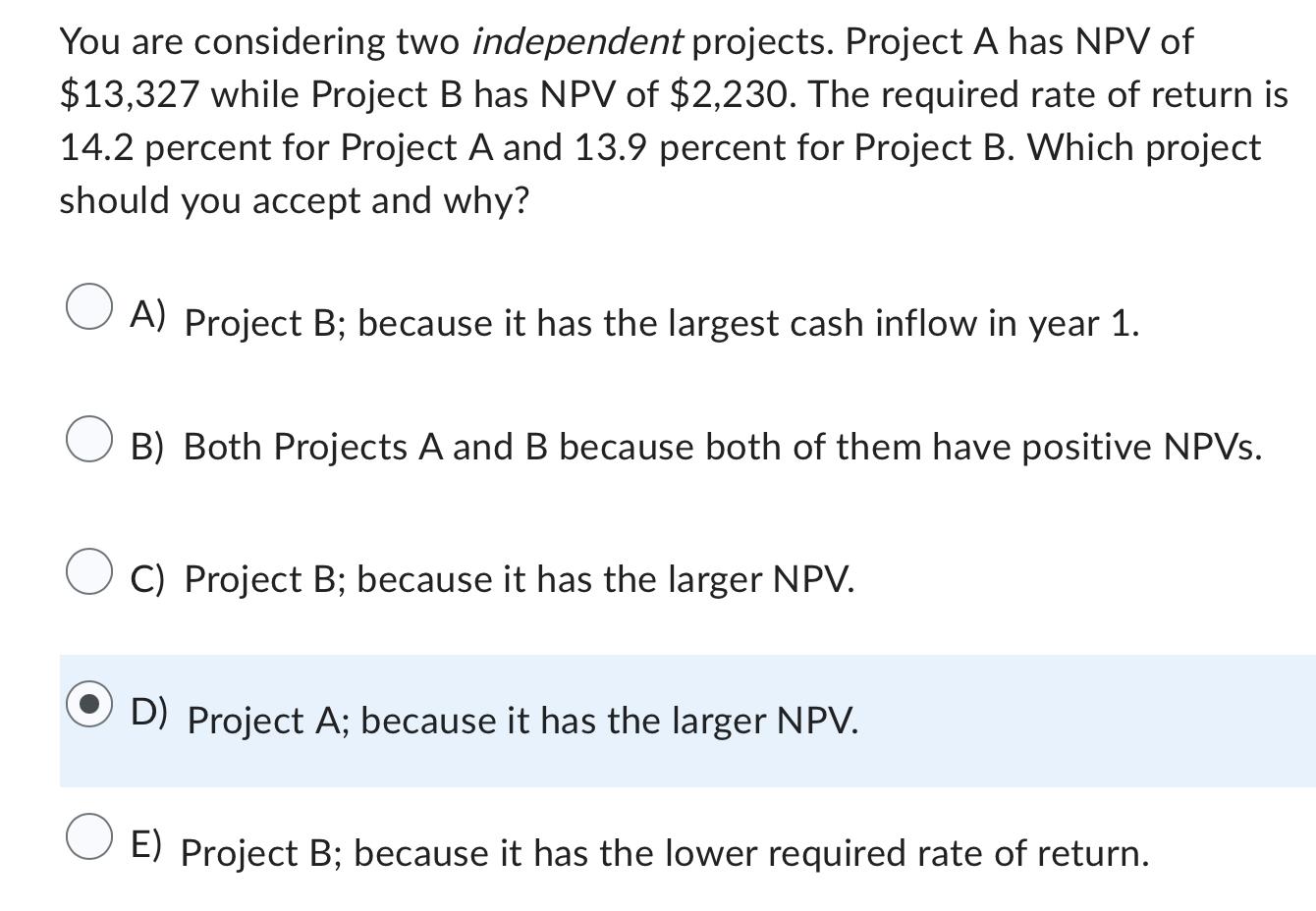 Solved You are considering two independent projects. Project | Chegg.com