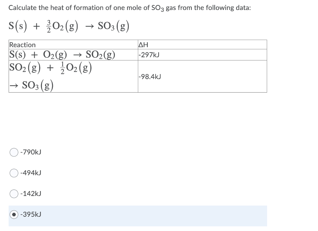 Solved Calculate the heat of formation of one mole of SO3 | Chegg.com