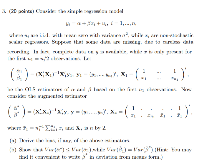 Solved (20 ﻿points) ﻿Consider the simple regression | Chegg.com