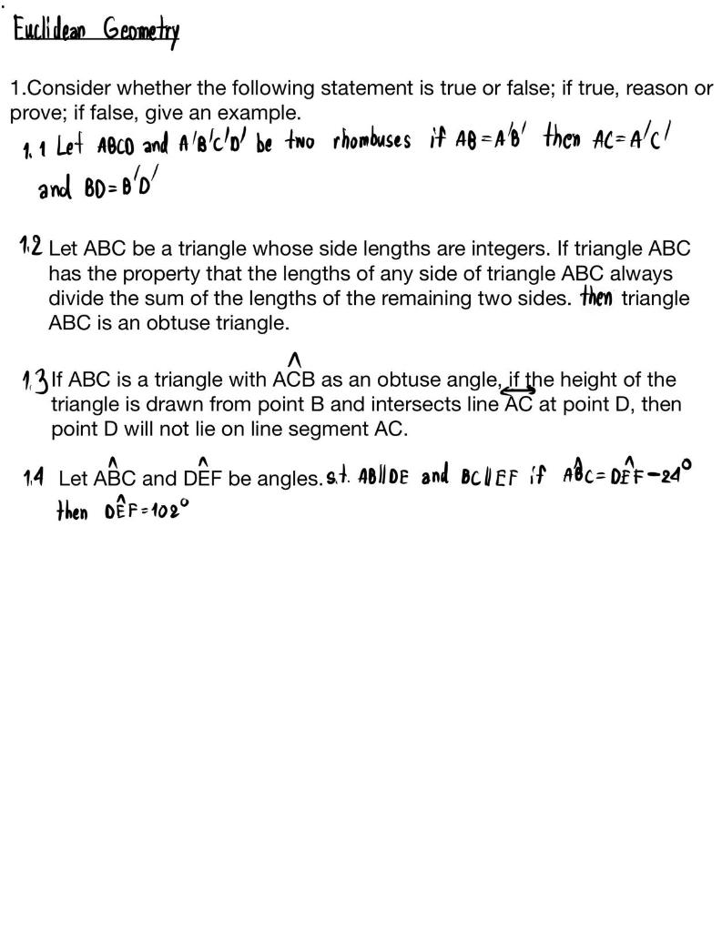 Solved Euclidean Geometry 1. Consider whether the following | Chegg.com