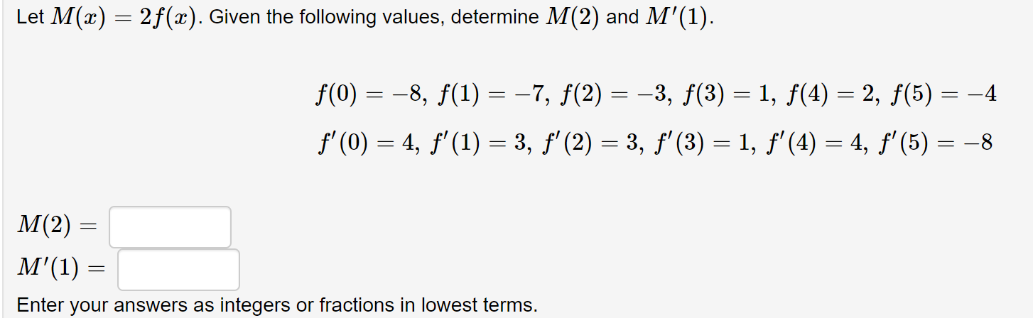 Solved Let M(x)=2f(x). Given the following values, determine | Chegg.com