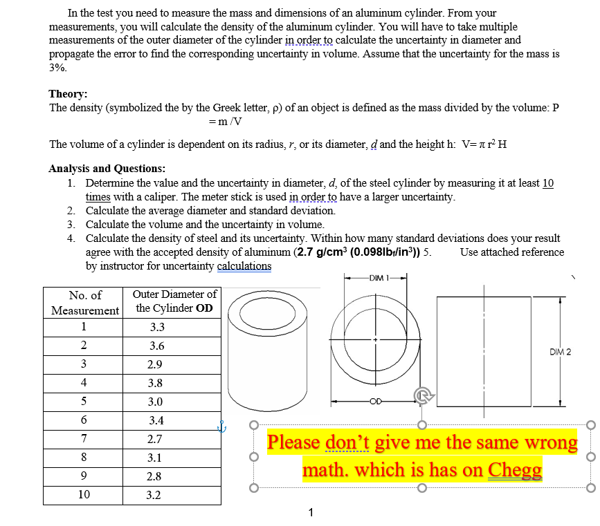 Solved In the test you need to measure the mass and | Chegg.com