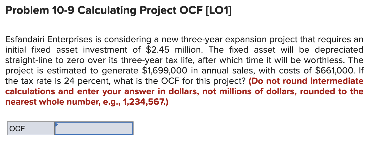 Solved Problem 10-9 Calculating Project OCF (LO1] Esfandairi | Chegg.com