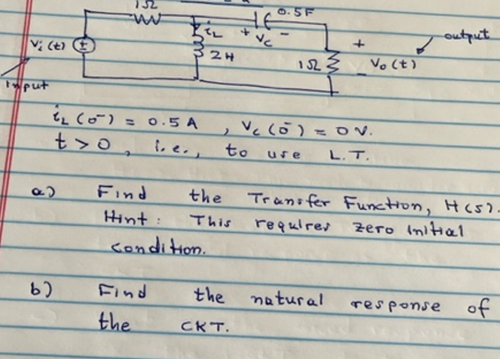 Solved iL(0-)=0.5A,vC(0-)=0V.t>0, i.e., to ﻿use L.T. ﻿a) | Chegg.com