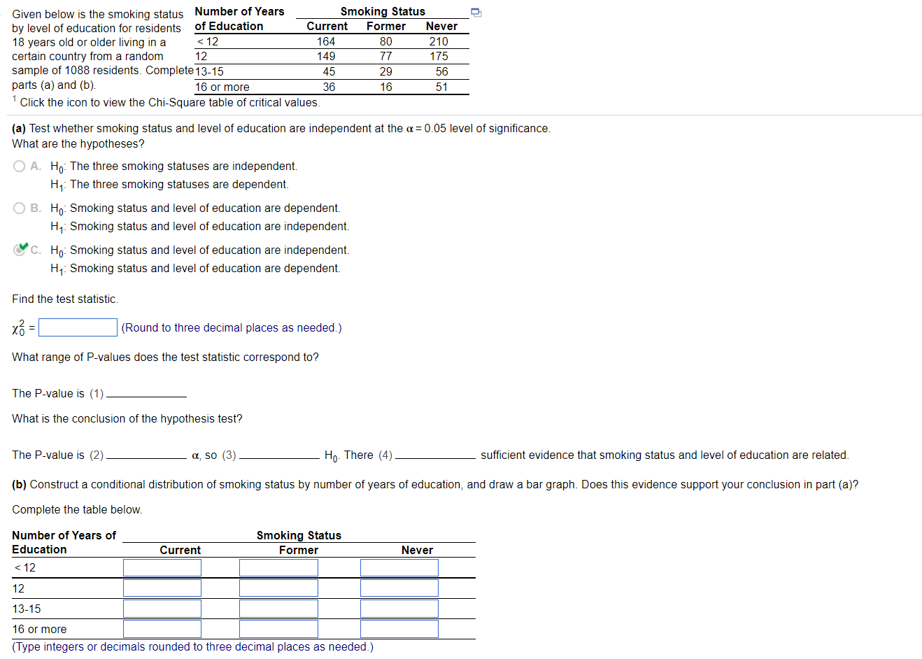 Solved (a) Test whether smoking status and level of | Chegg.com
