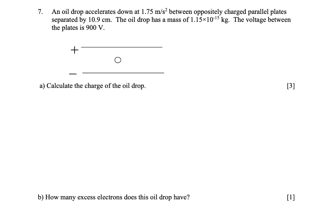 Solved 7. An oil drop accelerates down at 1.75 m/s² between | Chegg.com
