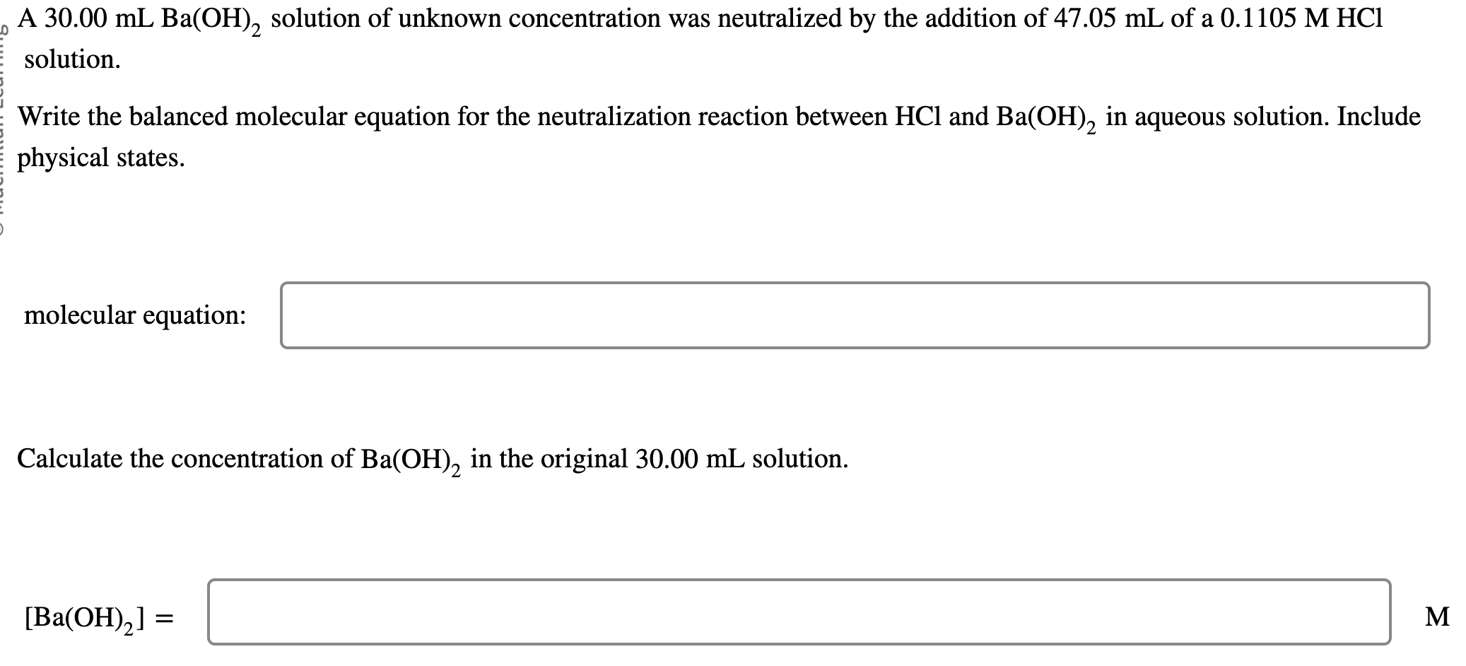 Solved A 30.00 mLBa(OH)2 solution of unknown concentration | Chegg.com