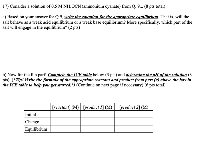 Solved 17) Consider a solution of 0.5 M NH OCN (ammonium | Chegg.com