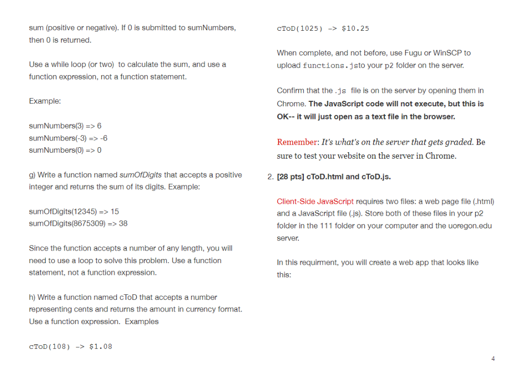 1. [72 pts] functions.js. For this requirement, you | Chegg.com