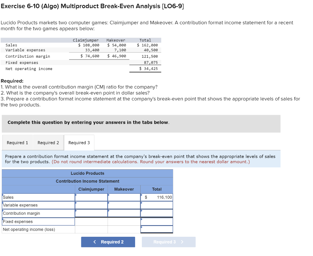 Solved Exercise 6-10 (Algo) Multiproduct Break-Even Analysis | Chegg.com