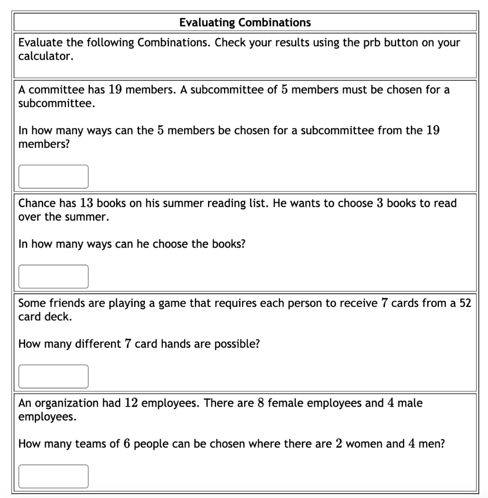 Solved Evaluating Combinations Evaluate the following | Chegg.com