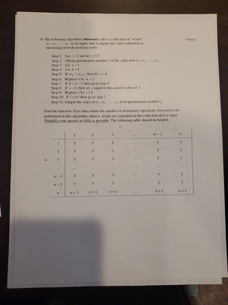 Solved (9 pts) 8. The following algorithm (Slowsort) takes a | Chegg.com