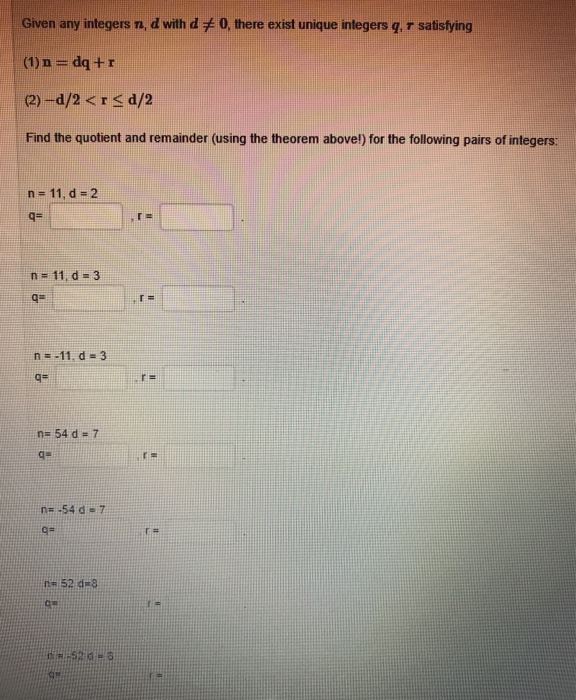 Solved Given any integers n, d with d 0, there exist unique | Chegg.com