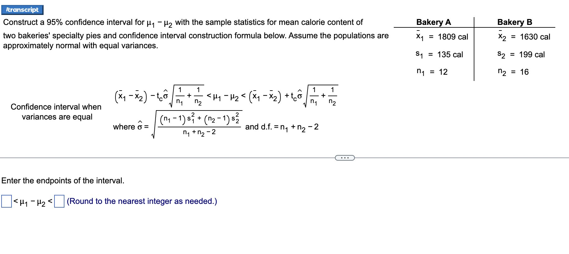 Solved Construct a 95% confidence interval for μ1−μ2 with | Chegg.com