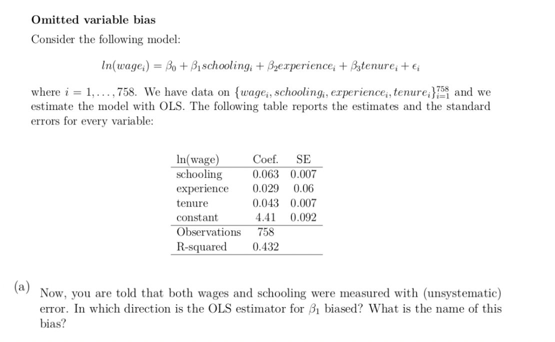 Solved Omitted variable bias Consider the following model: | Chegg.com