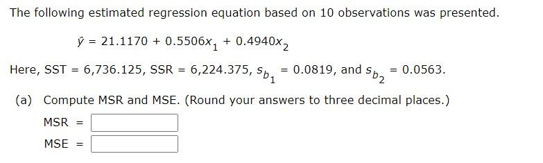 Solved The following estimated regression equation based on | Chegg.com
