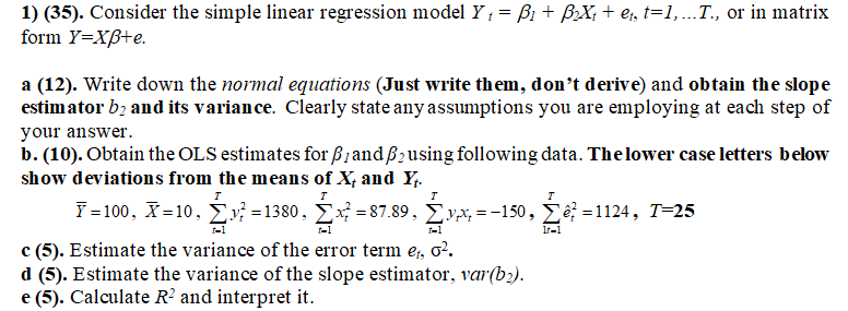 Solved 1) (35). Consider the simple linear regression model | Chegg.com