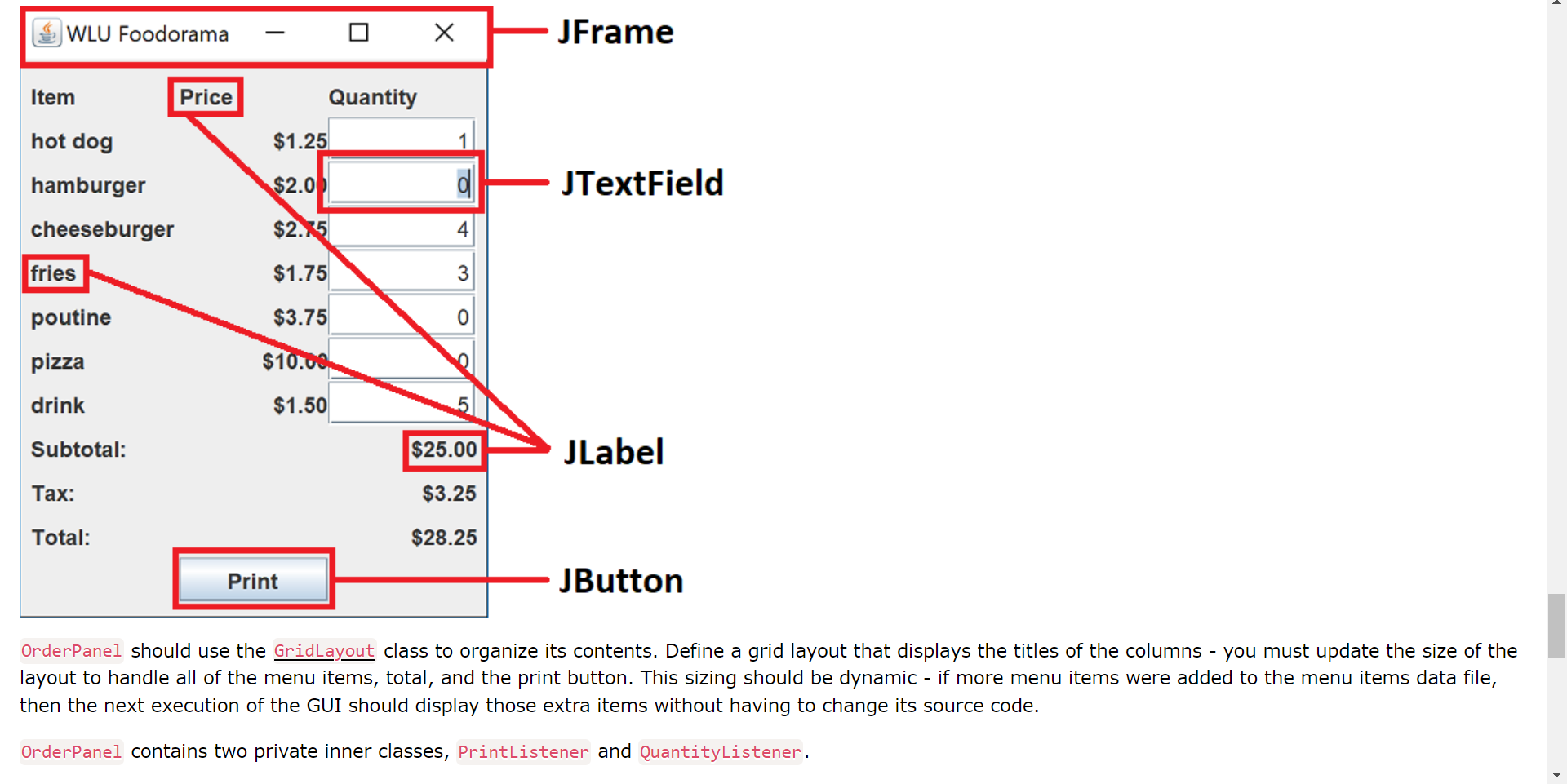Complete a GUI interface for ordering from from WLU | Chegg.com