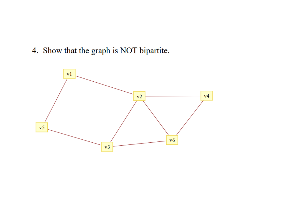 Solved 4. Show that the graph is NOT bipartite. v1 v2 v4 v5 | Chegg.com