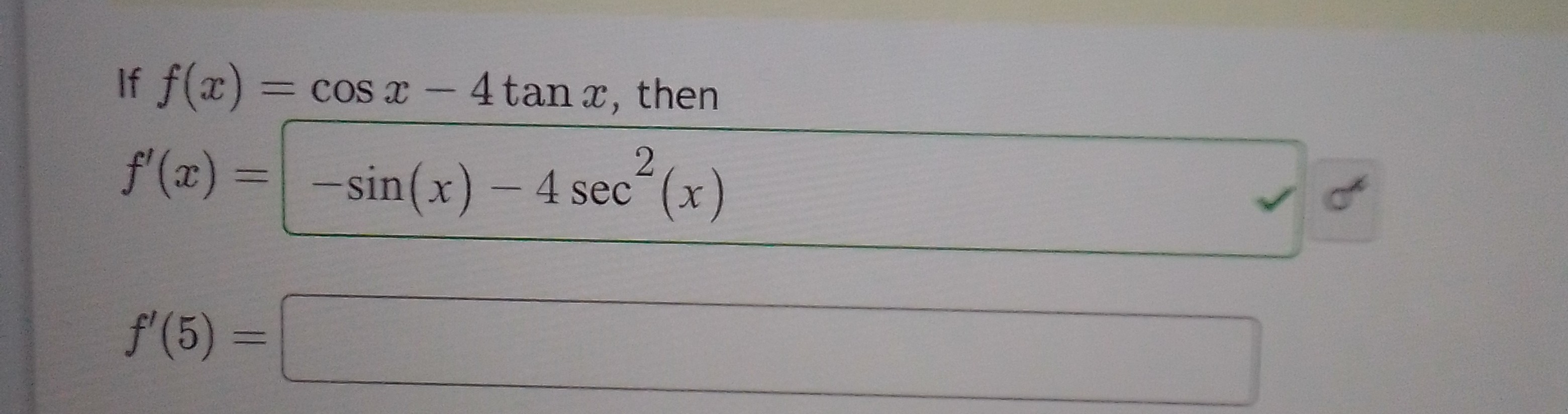 Solved If f(x)=cosx-4tanx, ﻿then | Chegg.com