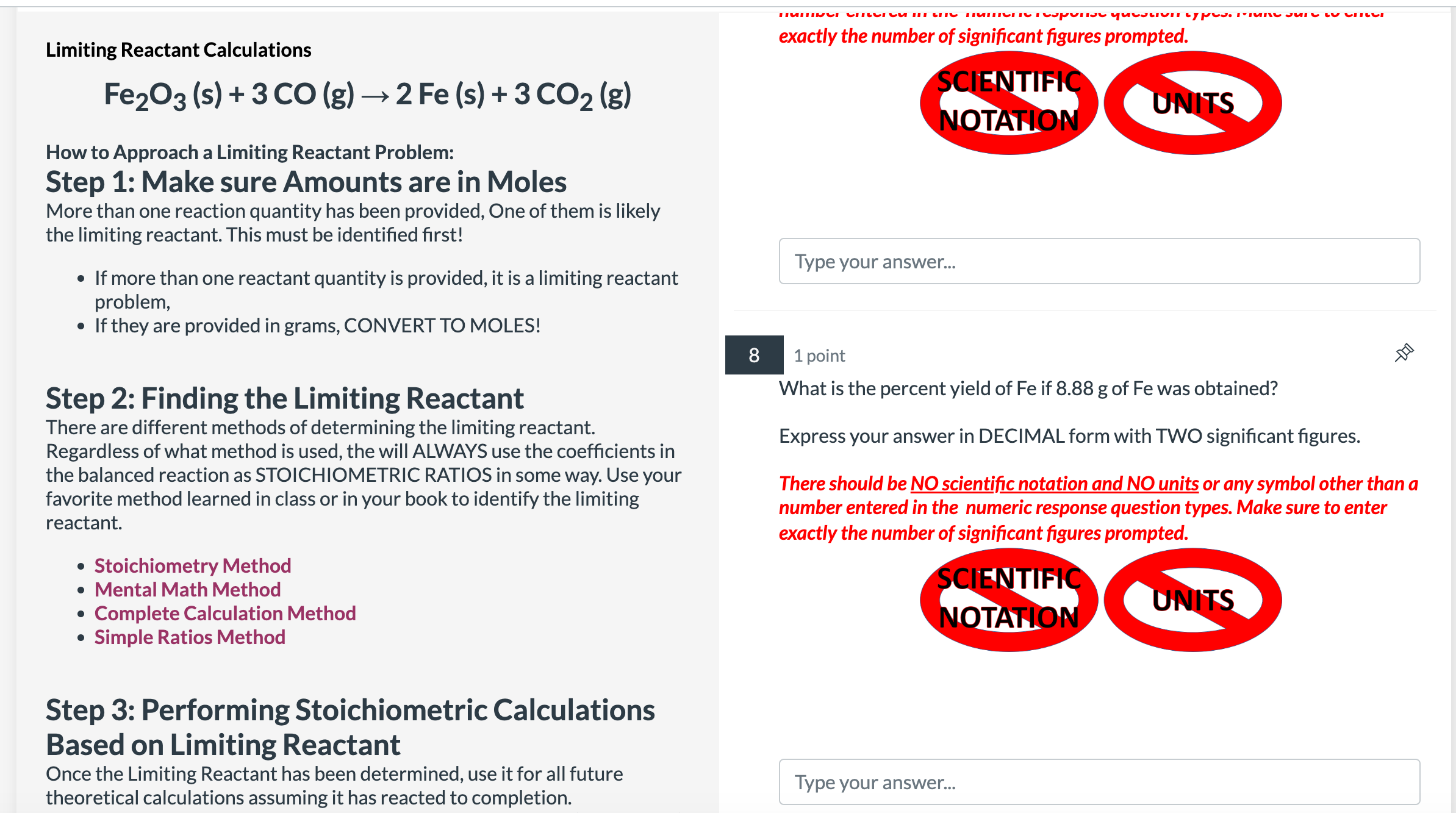 Solved Limiting Reactant Calculations Fe2O3( | Chegg.com