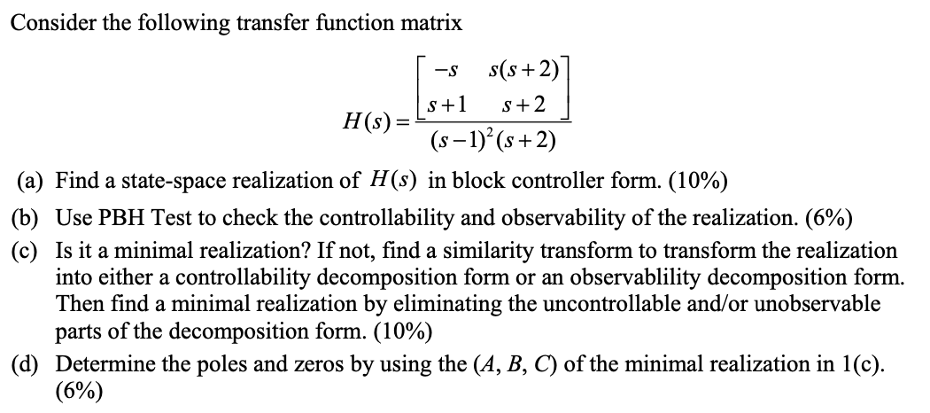 -S Consider the following transfer function matrix | Chegg.com