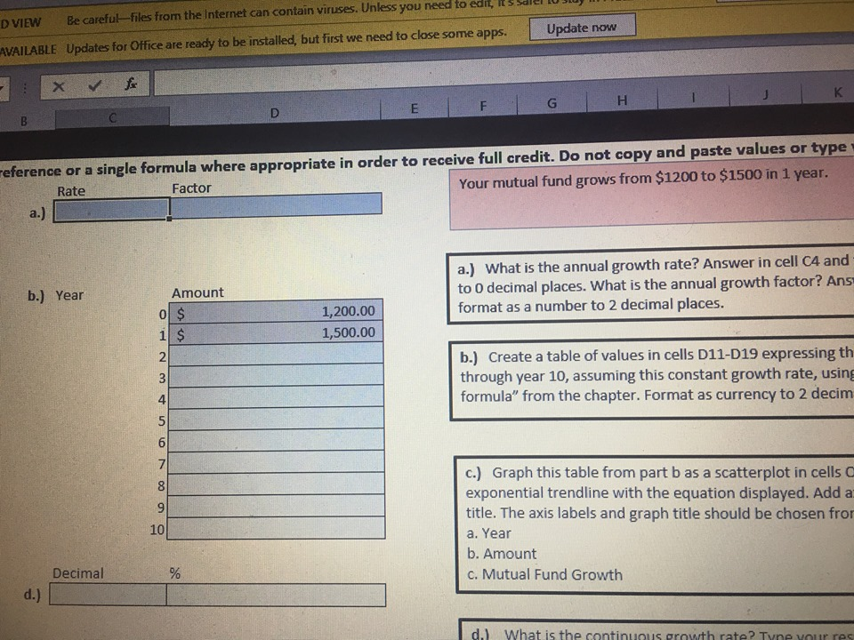 b.) Create a table of values in cells D11-D19 | Chegg.com