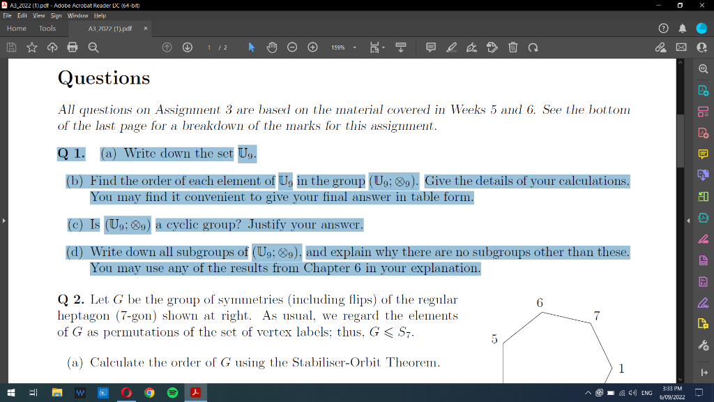 Solved Q 1. (a) Write down the set U9. (b) Find the order of | Chegg.com
