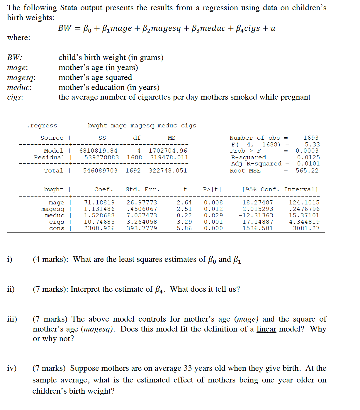 Solved The following Stata output presents the results from | Chegg.com