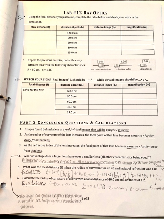 LAB #12 RAY OPTICS PHYS 1110 CONCEPTUAL PHYSICS | Chegg.com