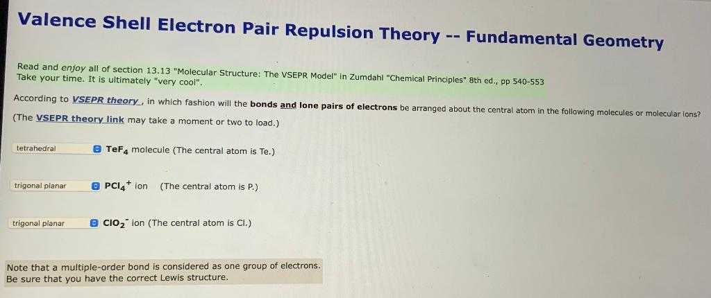 Solved Valence Shell Electron Pair Repulsion Theory -- | Chegg.com