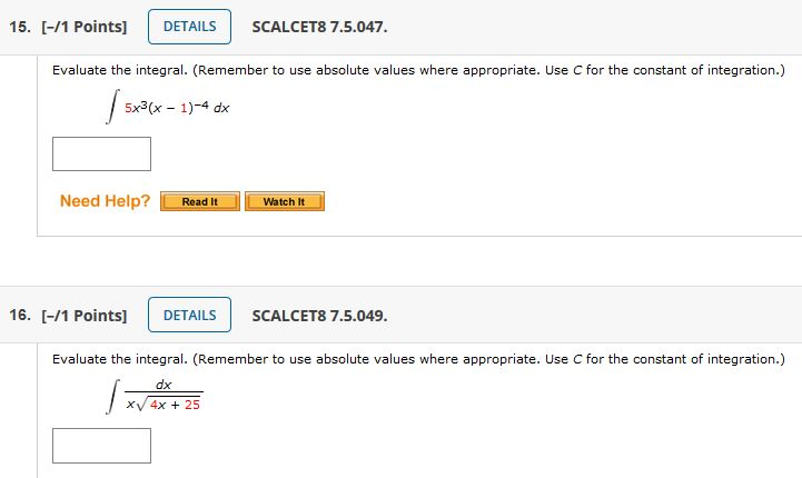 Solved 15. [-/1 Points) DETAILS SCALCET8 7.5.047. Evaluate | Chegg.com Solved 15. [-/1 Points) DETAILS SCALCET8 7.5.047. Evaluate | Chegg.com