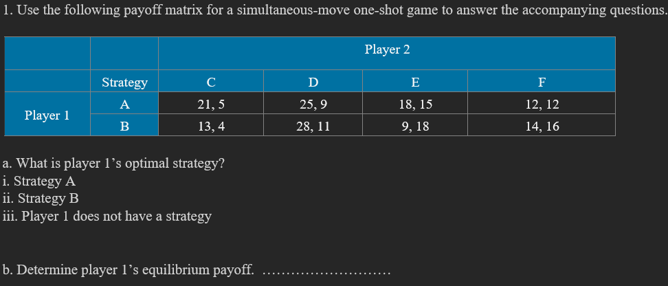 Solved a. What is player 1's optimal strategy? i. Strategy A | Chegg.com