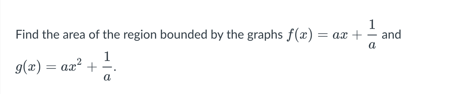 Solved Find the area bounded by the graphs f(x) = ax + 1/a | Chegg.com