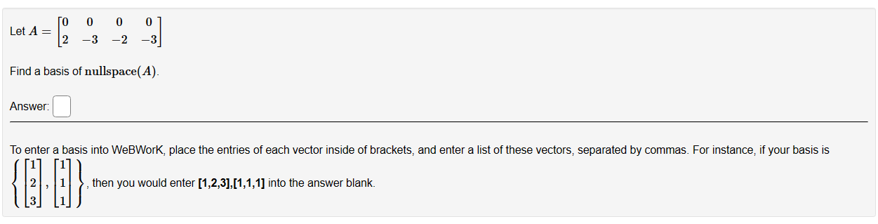 Solved Let A=[020−30−20−3] Find a basis of nullspace (A) | Chegg.com
