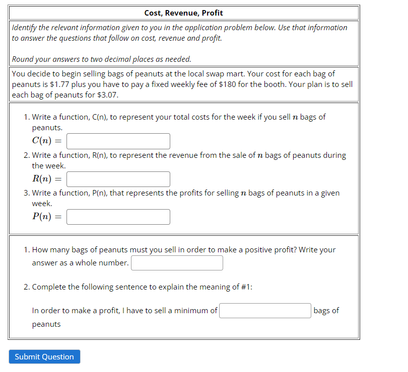 Solved Cost, Revenue, Profit Identify the relevant | Chegg.com