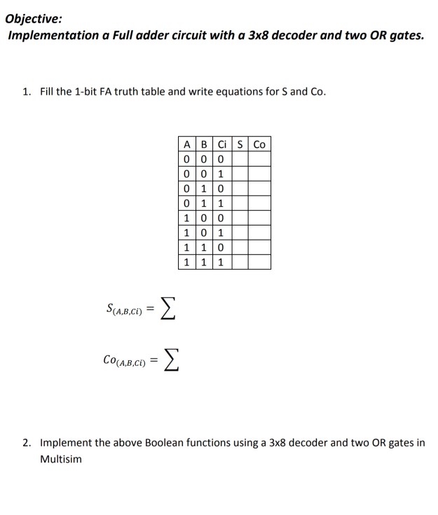 Solved Objective: Implementation a Full adder circuit with a | Chegg.com
