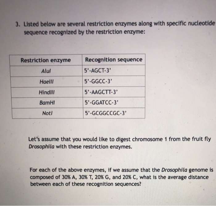 Solved 3. Listed below are several restriction enzymes along | Chegg.com
