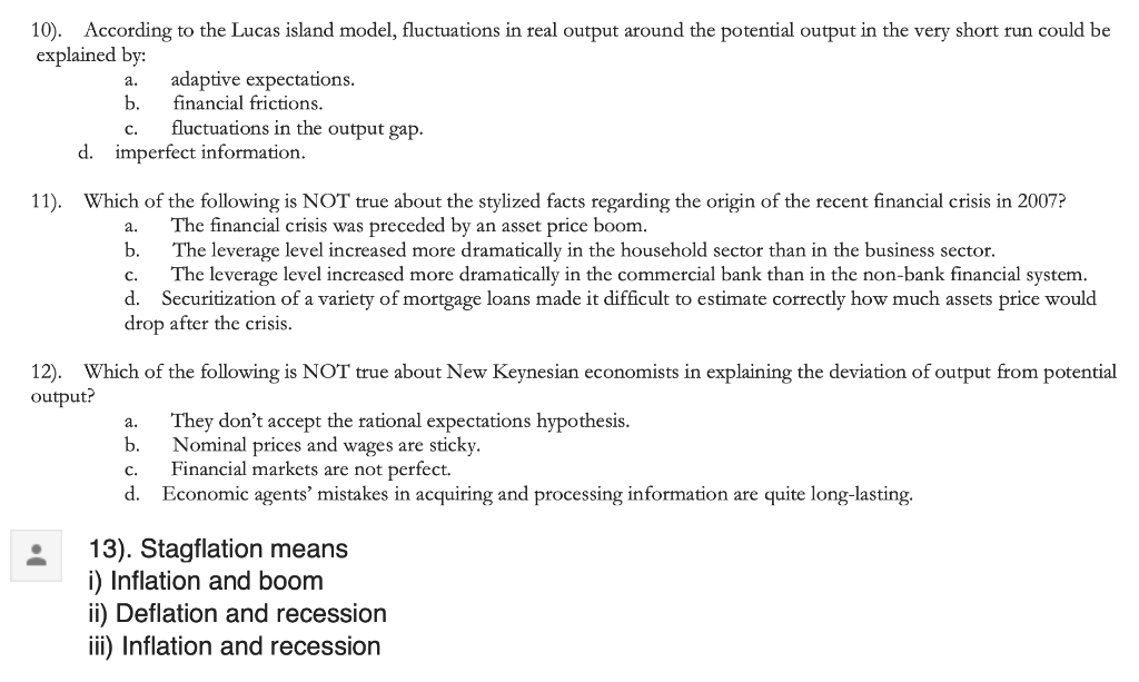 Solved a. 10). According to the Lucas island model, | Chegg.com
