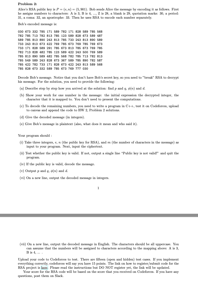 Problem 2: Alice’s RSA public key is P = (e, n) = | Chegg.com