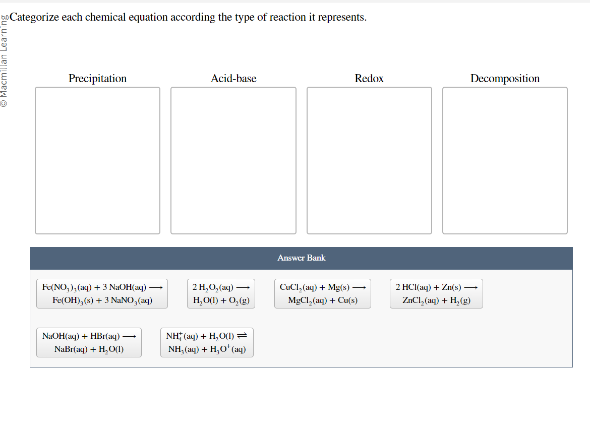 Solved Categorize each chemical equation according the type | Chegg.com