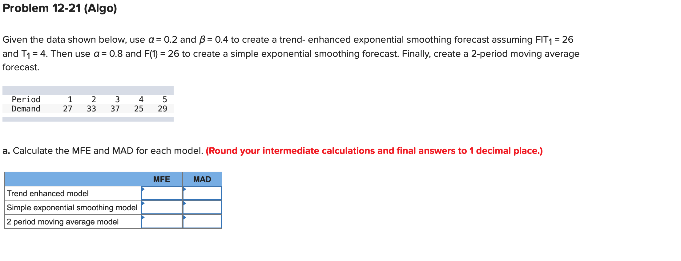 Solved Problem 12-21 (Algo) = = Given the data shown below, | Chegg.com