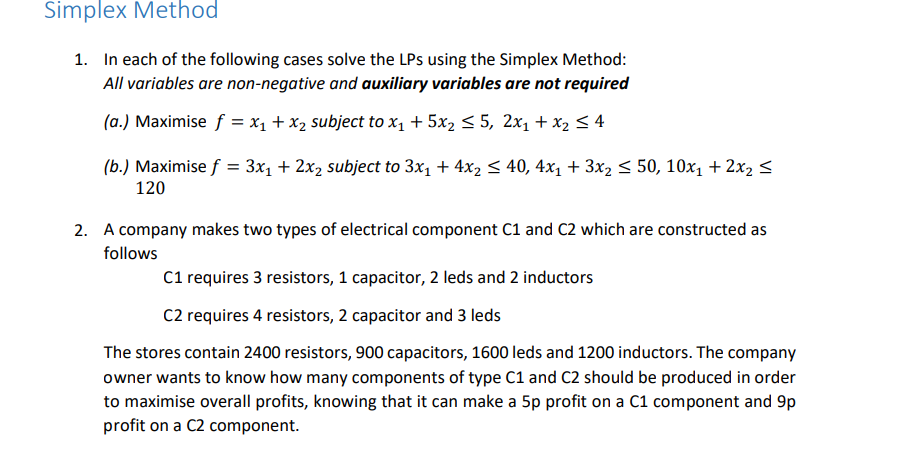 Solved Simplex Method 1. In each of the following cases | Chegg.com